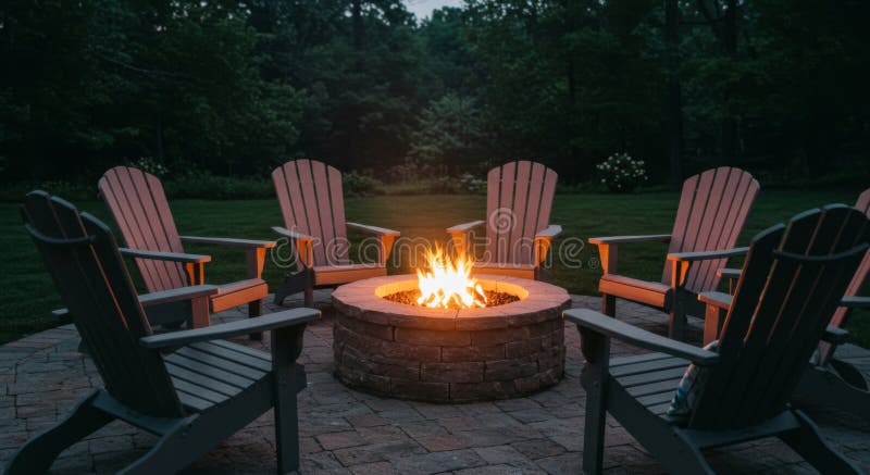 Evening Bonfire with Adirondack Chairs in a Backyard Setting Stock ...