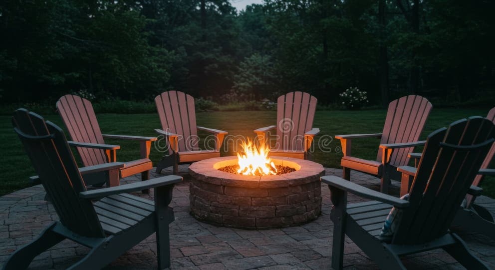 Evening Bonfire with Adirondack Chairs in a Backyard Setting Stock ...