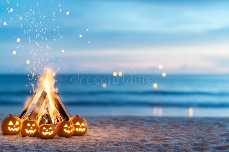 Evening Bonfire by the Beach with Glowing Jack-o-lanterns and Floating ...