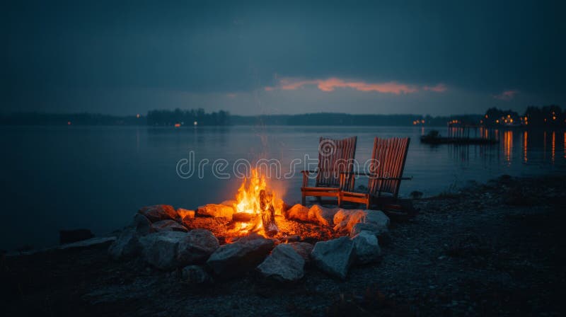 Evening Bonfire by the Lake at Sunset Stock Photo - Image of beach ...