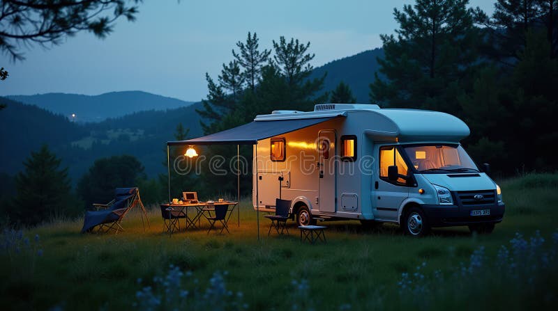Evening Camping Scene with Modern Camper Van in Scenic Forest Setting ...