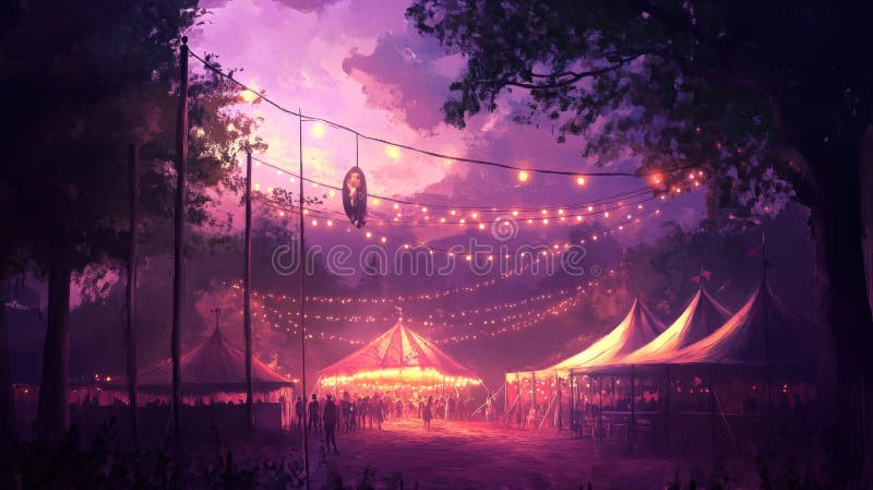 Evening Carnival Scene with String Lights and Tents Stock Illustration ...