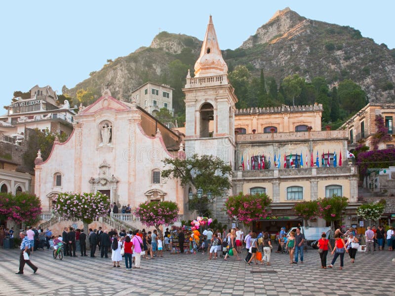 Evening on Central Square in Taormina, Sicily Editorial Image - Image ...