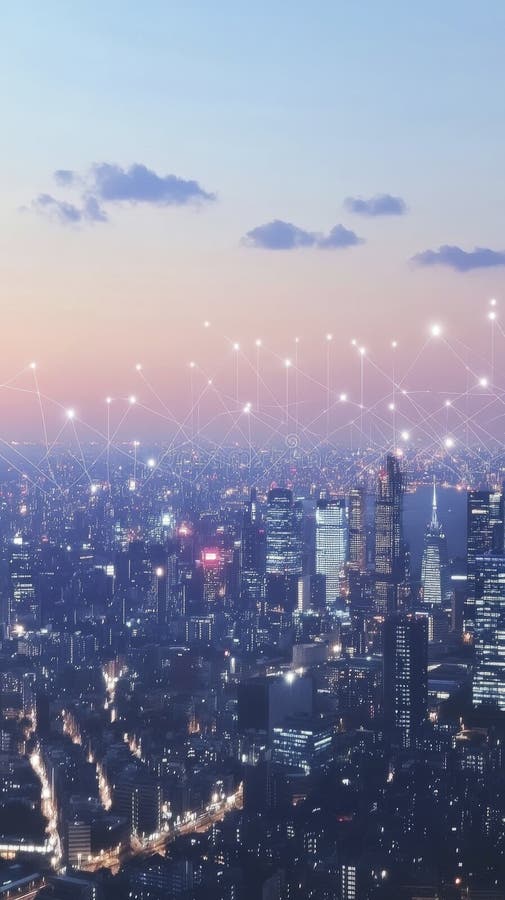 Evening City Skyline with Sparkling Network Web Stock Illustration ...