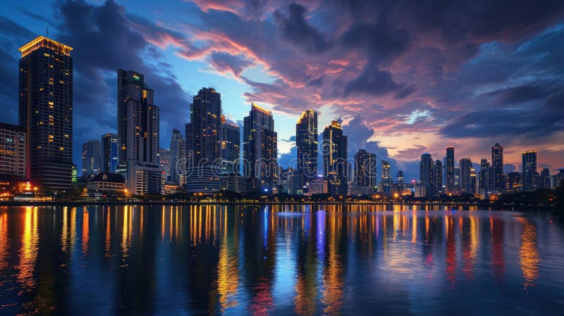 An Evening Cityscape with Dramatic Clouds, Illuminated Skyscrapers ...