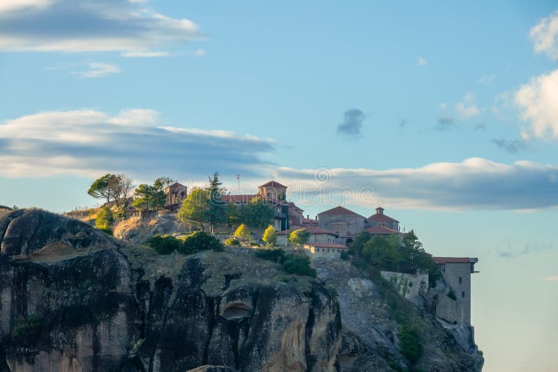 Evening Cliffs of Meteora and Greek Monastery Stock Image - Image of ...