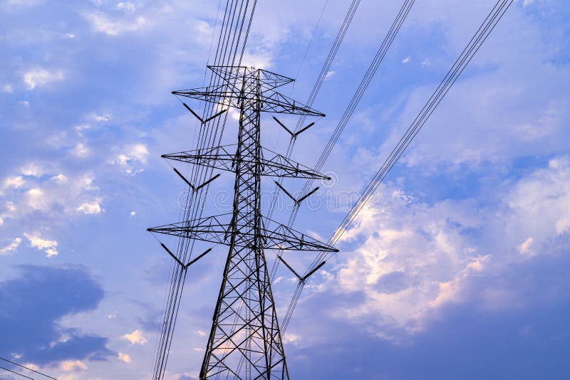 Beautiful Evening Clouds Moving Behind Power Line Tower during Sunset ...