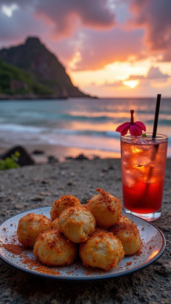 Evening Coastal View with Plate of Savory Pastries and Refreshing ...