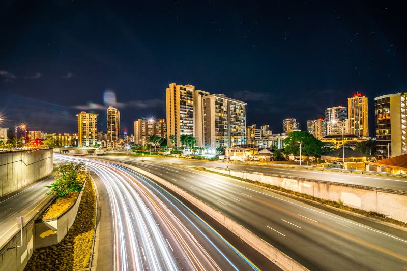 Evening Commute on H1 Freeway at Night in Honolulu Hawaii Stock Photo ...