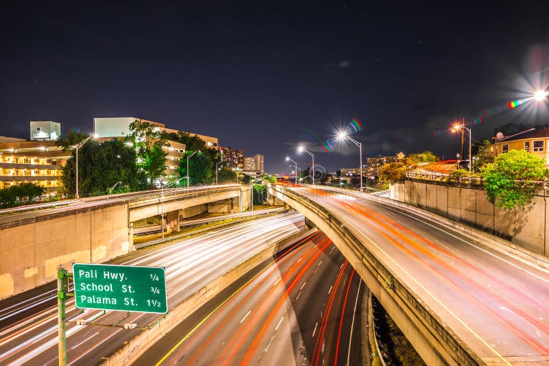 Evening Commute on H1 Freeway at Night in Honolulu Hawaii Stock Photo ...
