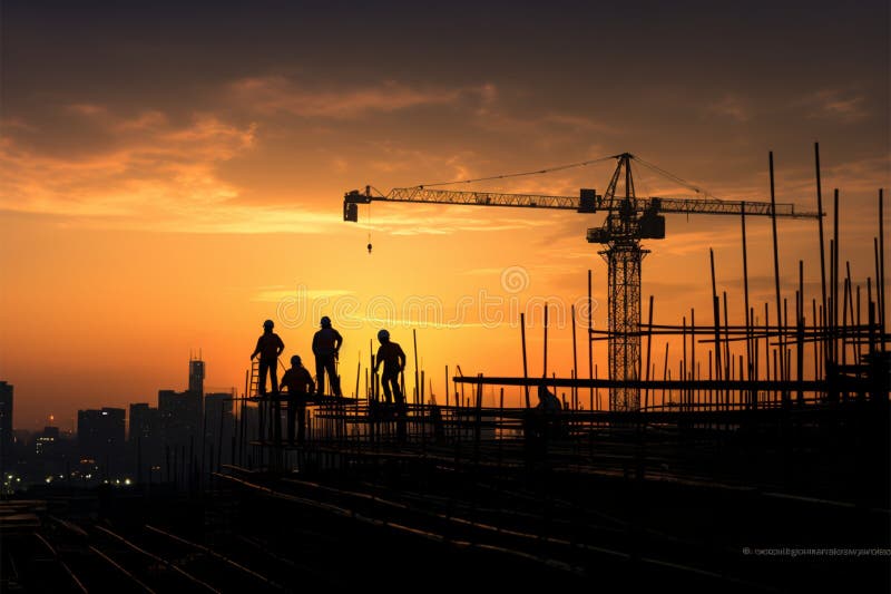 Evening Construction Silhouette of Building Construction Project during ...