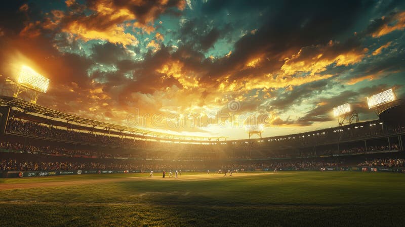 An Evening Cricket Match on Lush Green Ground Under a Moonlit Sky ...