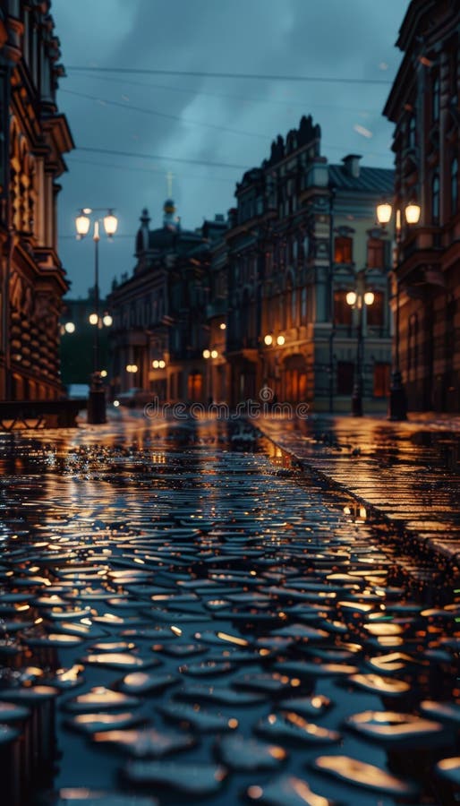 Evening Downtown Scene Featuring a Luminous City Square with Rain ... Evening Downtown Scene Featuring a Luminous City Square with Rain ...