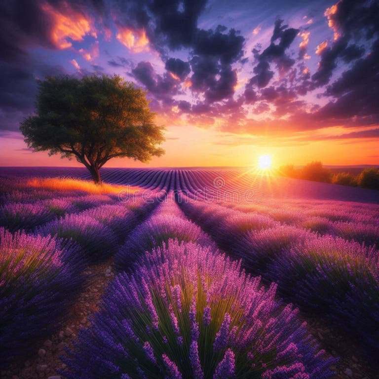 Evening Elegance: the Splendor of Lavender Fields Under a Setting Sun ...