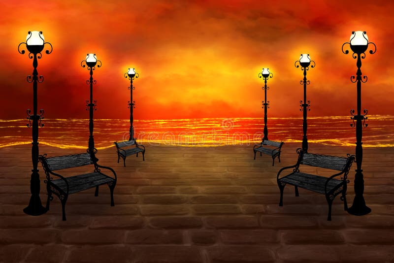 Evening Embankment with Benches and Lanterns Stock Illustration ...