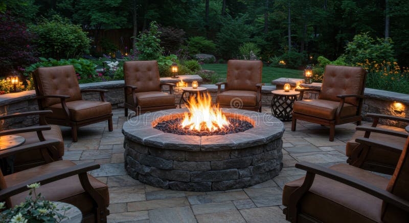 Evening Fire Pit Gathering on Stone Patio Stock Photo - Image of ...