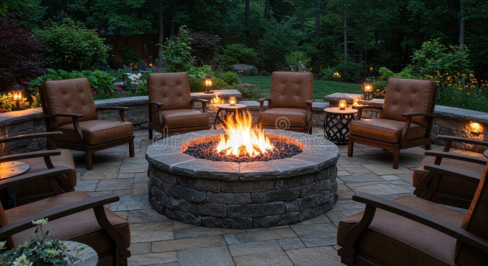 Evening Fire Pit Gathering on Stone Patio Stock Photo - Image of ...