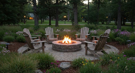 Evening Fire Pit Scene in a Garden Stock Photo - Image of landscape ...