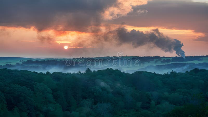 Evening Forest Cloudy Sky with Smoke Over Countryside Landscape Stock ...