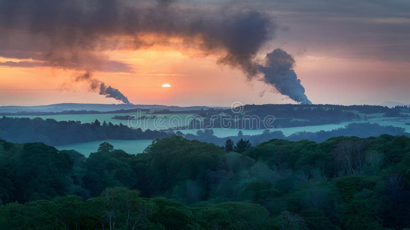Evening Forest Cloudy Sky with Smoke Over Countryside Landscape Stock ...