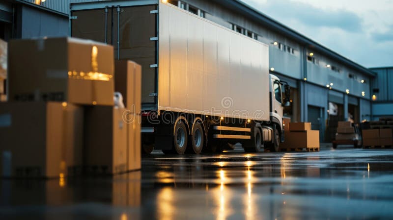 Freight Truck and Boxes during Evening Operations at a Logistics ...