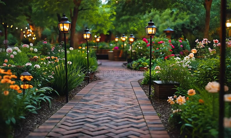 Evening Garden Path Lined with Flowers and Lanterns Stock Footage ...