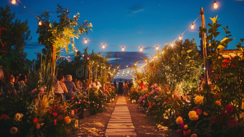 Evening Garden Path with String Lights Stock Image - Image of people ...