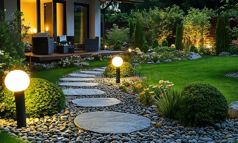 Evening Garden Pathway with Modern Lighting Stock Video - Video of ...