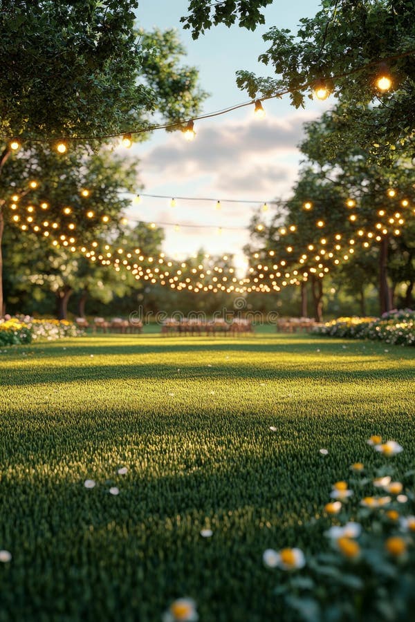 Evening Garden Setting with String Lights and Lush Greenery in Full ...