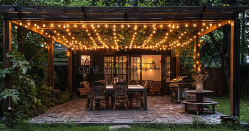 Evening Gathering Under String Lights on a Patio with a Wooden Pergola ...
