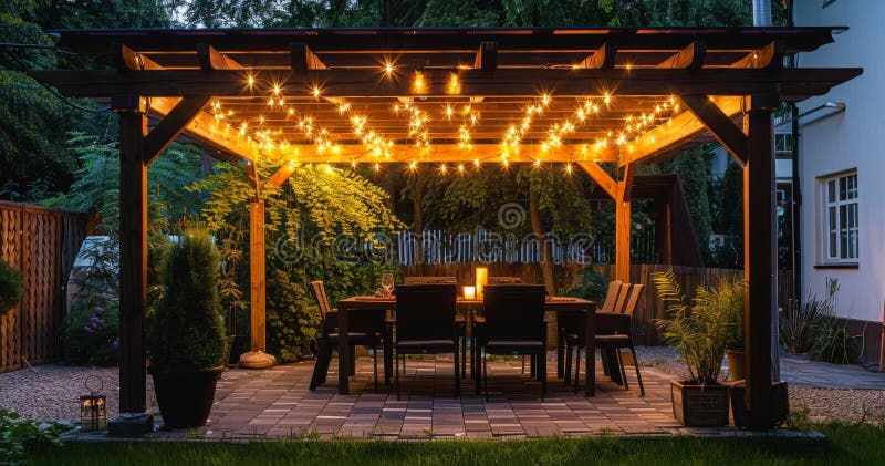 Evening Gathering Under String Lights on a Patio with a Wooden Pergola ...