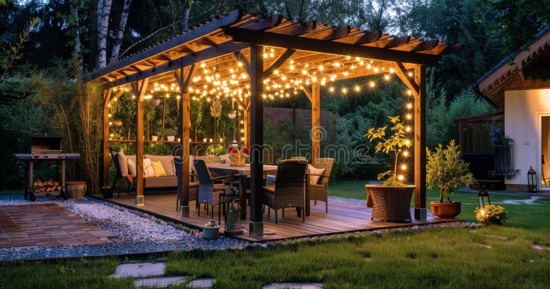 Evening Gathering Under String Lights on a Patio with a Wooden Pergola ...