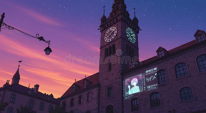 Evening Glow Over Animated Town Square with Clock Tower - Generated ...