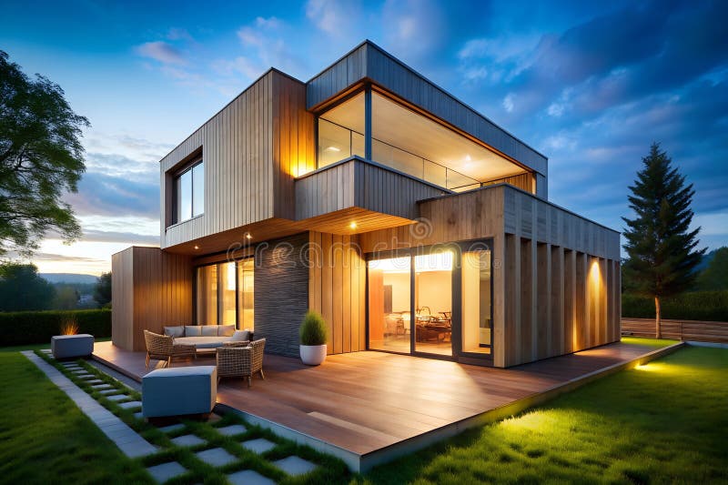 An Evening Haus Kubus with Wood Elements Stock Image - Image of haus ...