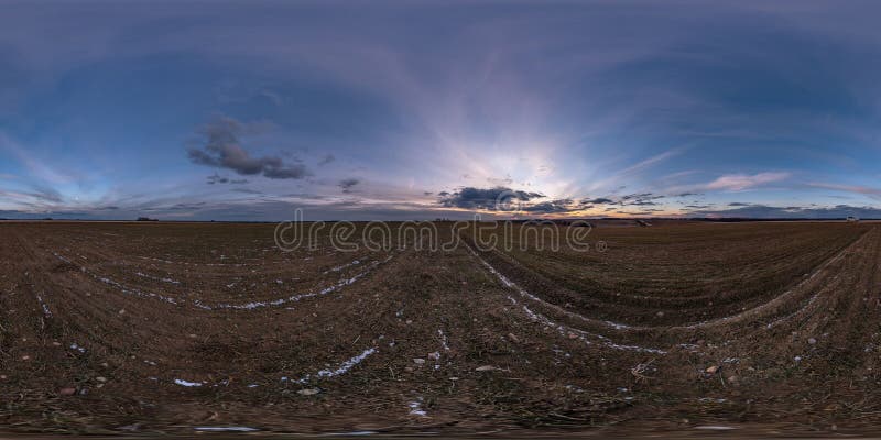 Evening 360 Hdri Panorama on Farming Field with Clouds on Dark Blue Sky ...