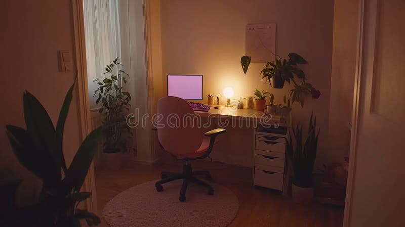 Evening Home Office, Desk, Plants, Computer, Work Stock Image - Image ...