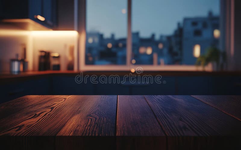 Evening Kitchen Rustic Wooden Countertop Soft Lighting Focus Background ...