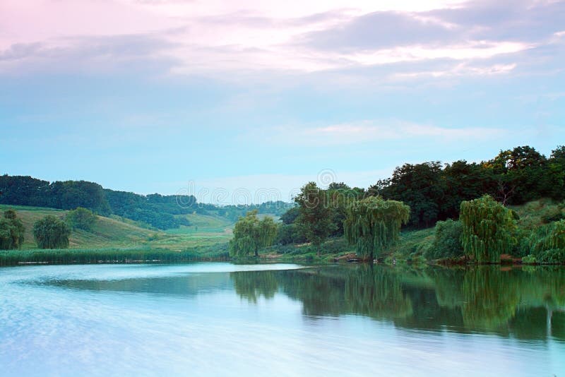 Evening Lake - Panoramic View Stock Image - Image of clouds, evening ...