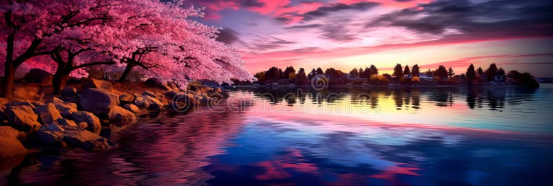An Evening Lake Where the Spring Sky is Reflected, and Cherry Trees in ...