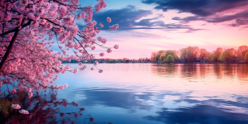 An Evening Lake Where the Spring Sky is Reflected, and Cherry Trees in ...