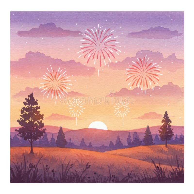 Evening Landscape with Fireworks and Sunset Stock Illustration ...