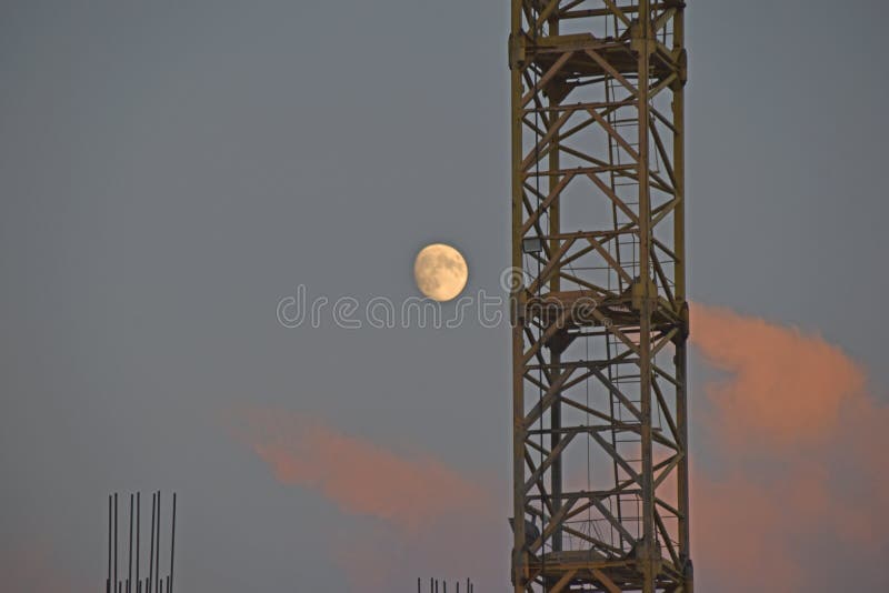 Evening Landscape and Full Moon with a Tower Crane Stock Image - Image ...