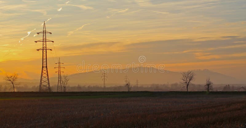 Landscape with pylons. stock photo. Image of fields, pylons - 96572556