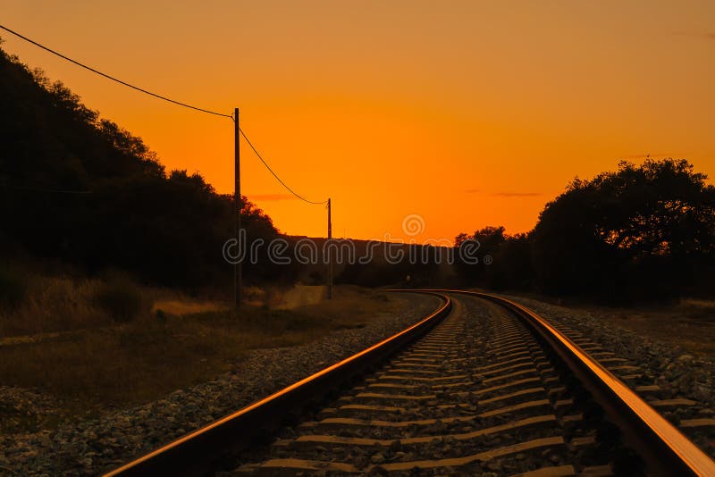 Railway Tracks in Sunset Reflection Stock Photo - Image of rural ...