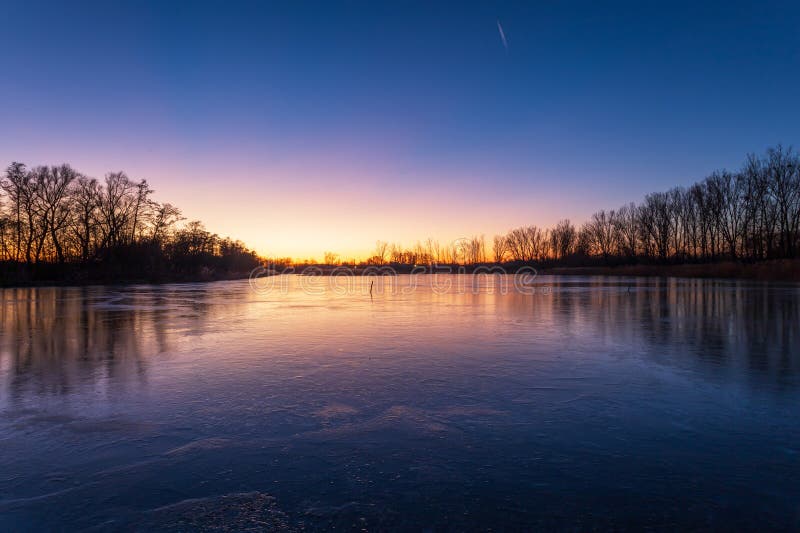Evening Landscape at Sunset by the Pond Stock Image - Image of ...