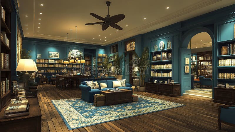 Evening Library Relaxation, Blue Decor, Wooden Floor, Bookcases Stock ...