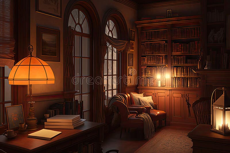 Evening, with the Library S Reading Lamps Casting a Warm Glow Stock ...