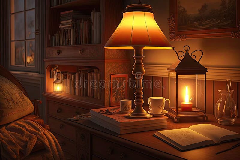 Evening, with the Library S Reading Lamps Casting a Warm Glow Stock ...