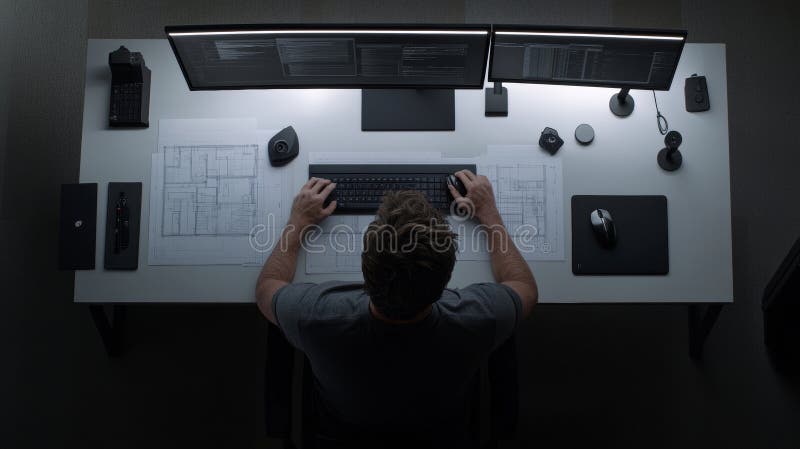 In the Evening Light, an Architectural Engineer Reviews His Blueprints ...