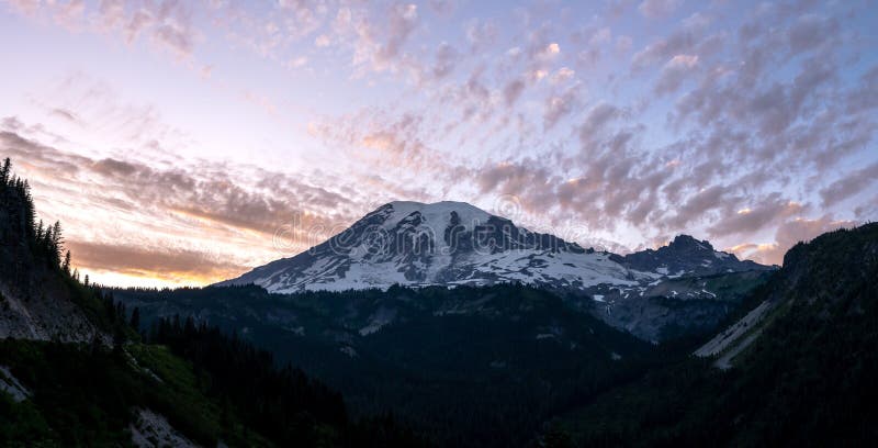 Evening Light Fades in Stevens Canyon Below Mount Rainier Stock Photo ...